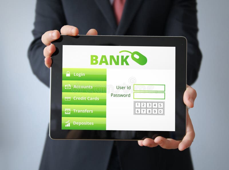 Businessman with Bank Application on a Tablet Stock Illustration ...