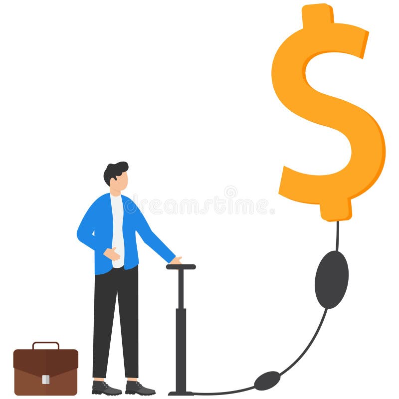 Businessman Blowing a Balloon in the Shape of a Gold Coin. Stock ...