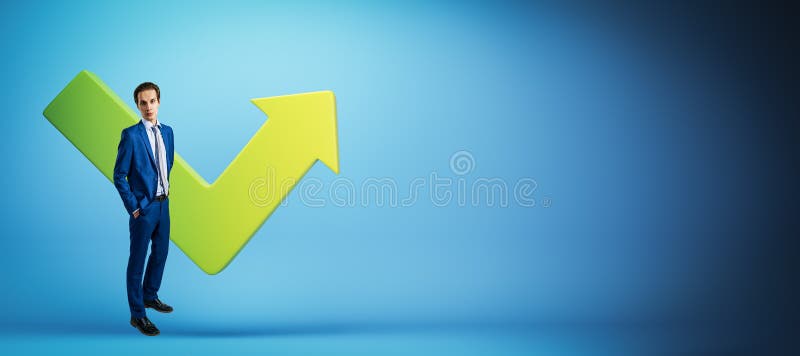 Businessman in Blue Suit Standing in Front of Green Checkmark and Arrow ... Businessman in Blue Suit Standing in Front of Green Checkmark and Arrow ...