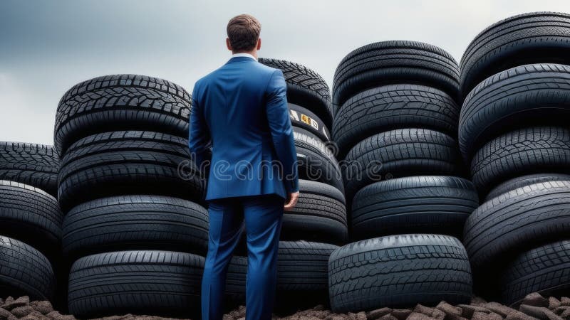 Businessman in Blue Suit Standing in Front of Large Stack of Tires ...