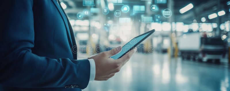 Businessman in a Blue Suit Using an IPad in a Modern Office Corridor ...