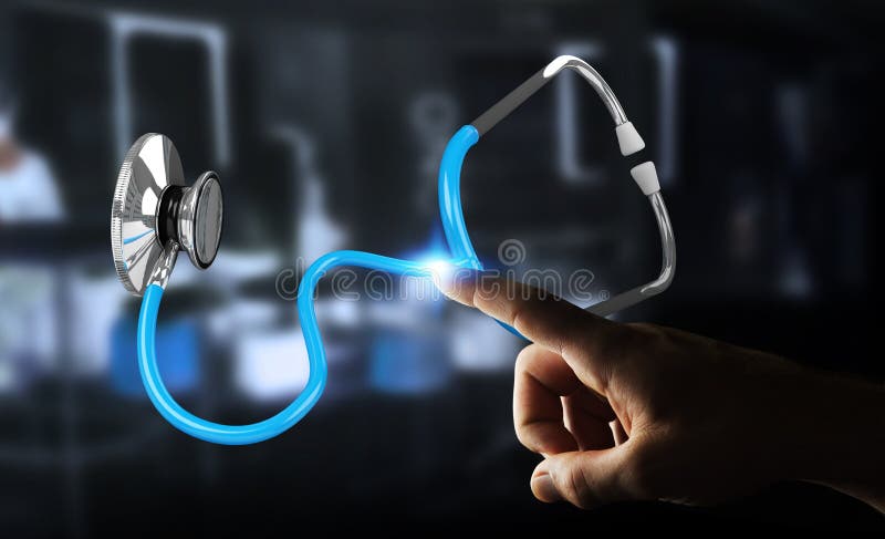 Businessman Holding and Touching Floating Stethoscope 3D Rendering ... Businessman Holding and Touching Floating Stethoscope 3D Rendering ...