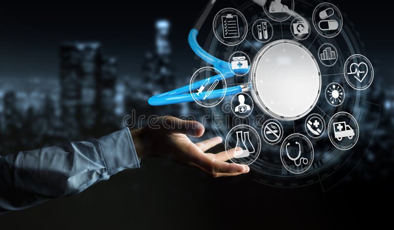 Businessman Holding and Touching Floating Stethoscope 3D Rendering ... Businessman Holding and Touching Floating Stethoscope 3D Rendering ...