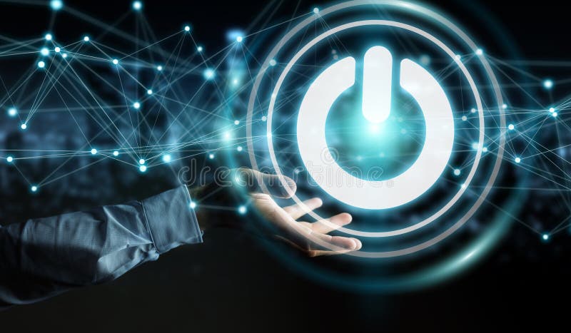 Businessman Using 3D Render Power Button with Connections Stock ...