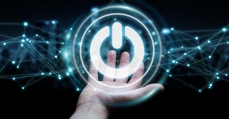 Businessman Using 3D Render Power Button with Connections Stock ...