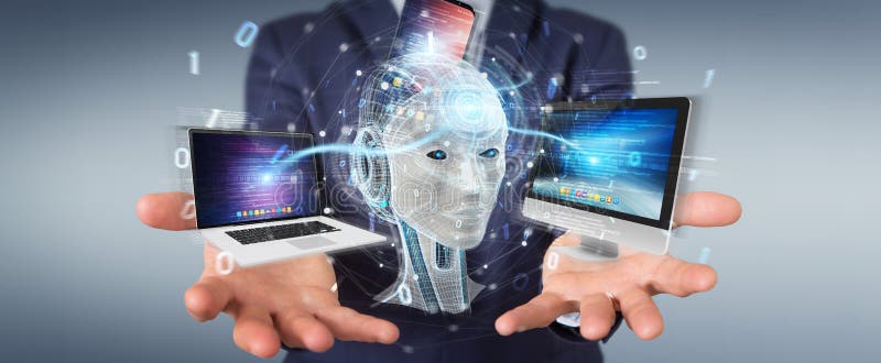 Businessman Using White Humanoid Controlling Modern Devices 3D R Stock ...