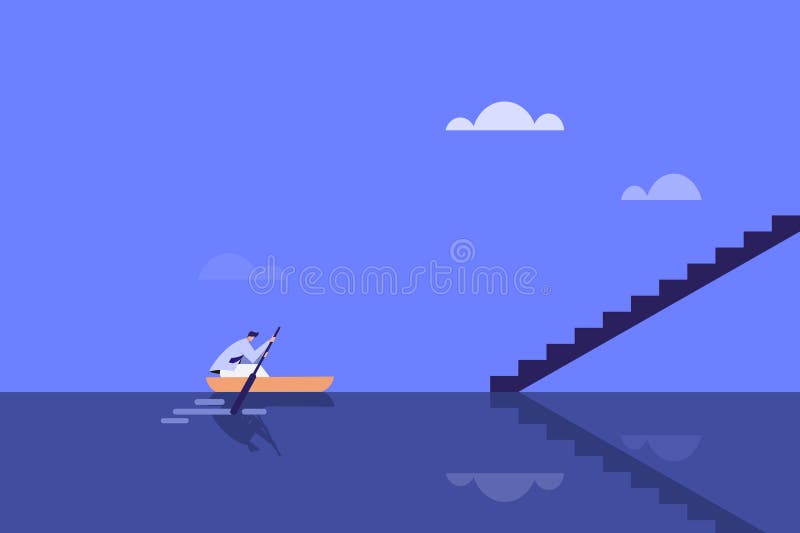 A Businessman Rowing a Boat Towards a Stairs To Reach a New Destination ...