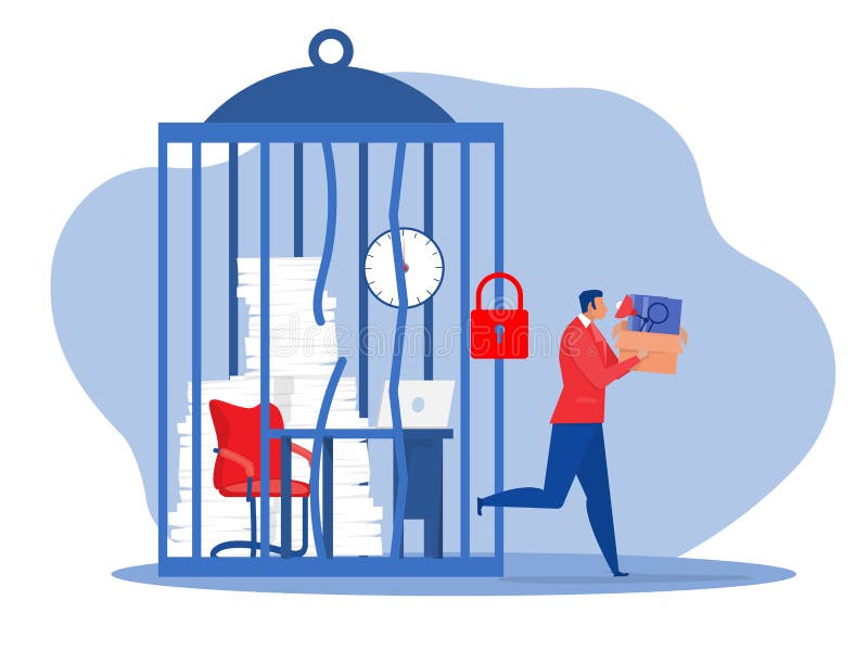 Businessman with a Box in Hands Leaves Work. Unlocking Cage and Comfort ... Businessman with a Box in Hands Leaves Work. Unlocking Cage and Comfort ...