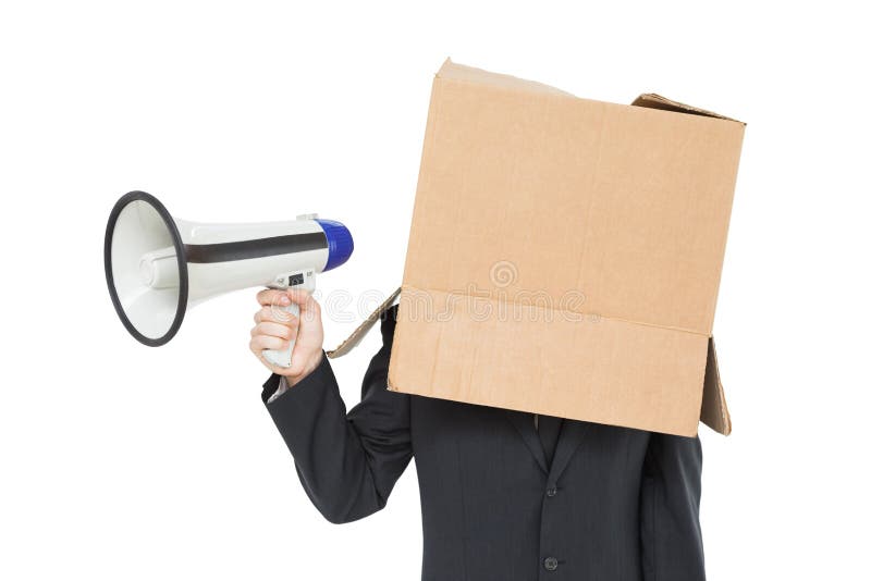 Businessman with Box on Head Holding Megaphone Stock Photo - Image of ...