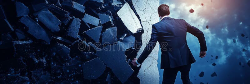 Businessman Breaking through a Wall with Determination, Symbolizing ...