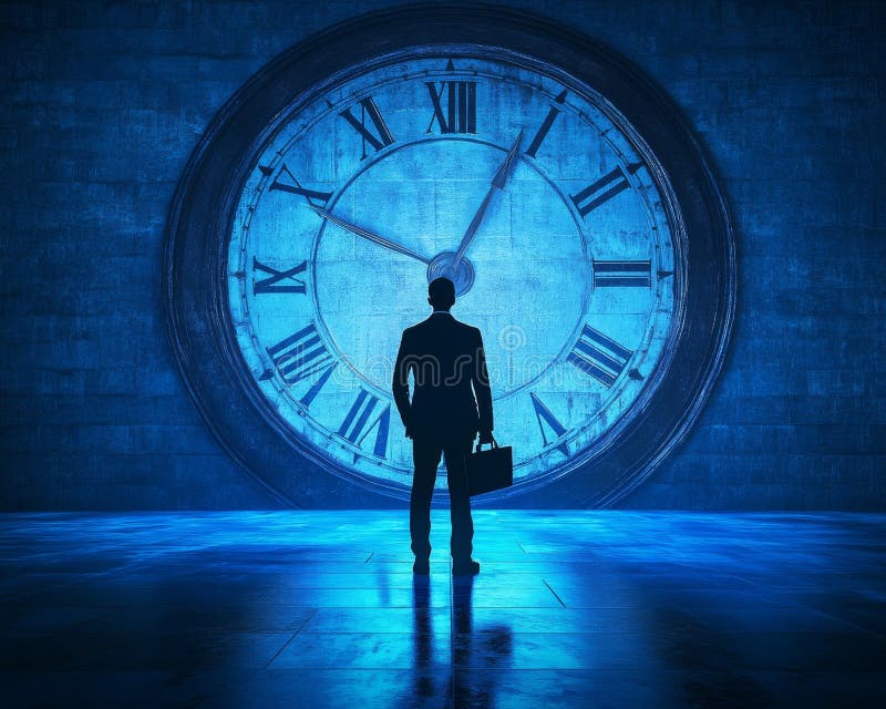 A Businessman, Briefcase in Hand, Stands in Front of a Massive Clock ...