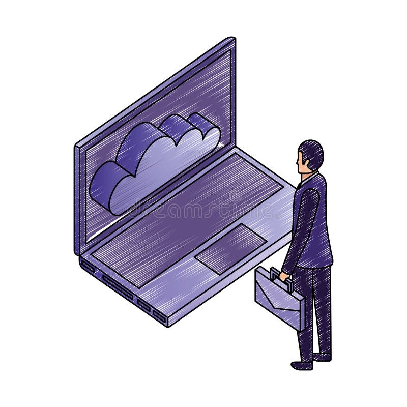 Businessman with Briefcase Looking Laptop Cloud Computing Stock Illustration - Illustration of ...