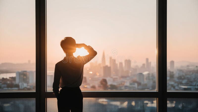 Businessman with Briefcase Looking Over City through Big Windows Stock ...