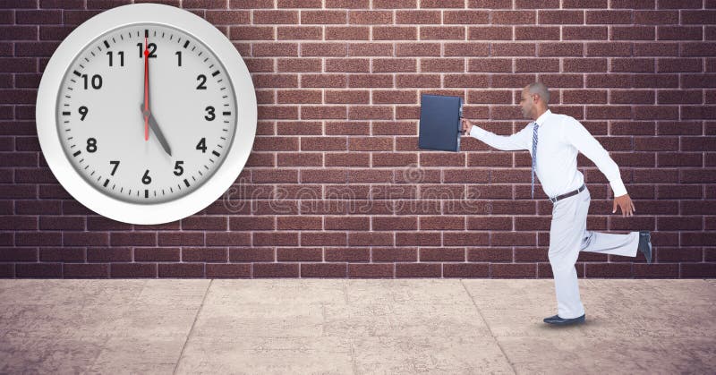 Businessman with Briefcase Running Late with Clock Mounted on Wall ...