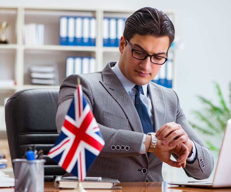 Businessman with British Flag in the Office Stock Image - Image of ...