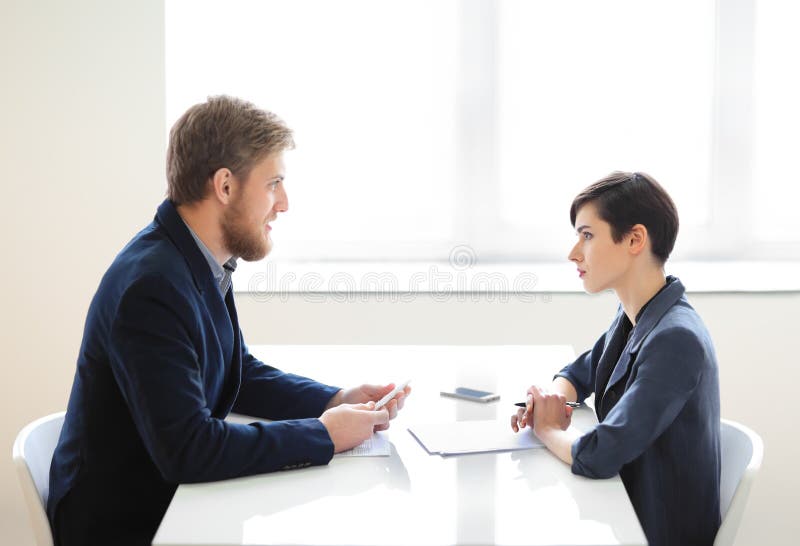 Job Interview - Two Business Partner Listen To Candidate Stock Image ...