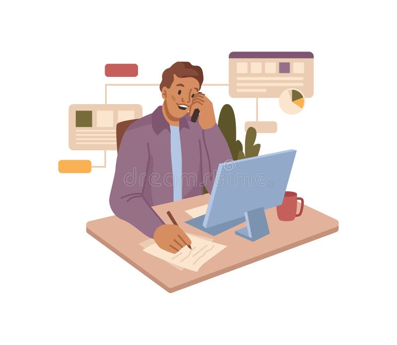 Businessman on Call, Worker by Computer Talking Stock Vector ...