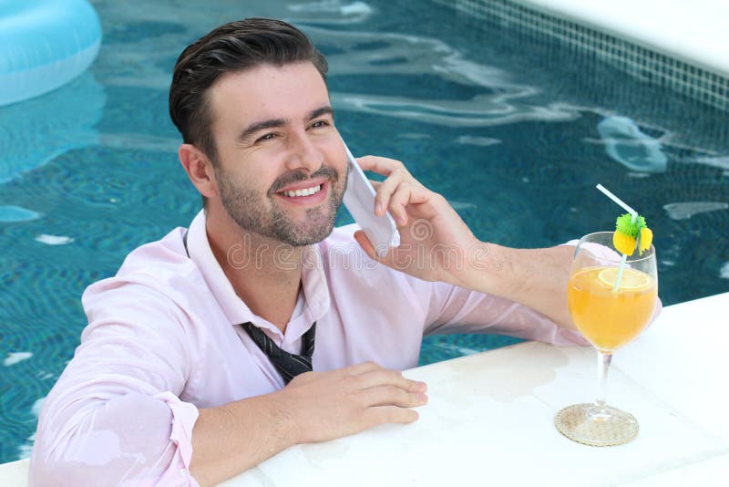 Businessman Calling by Phone from Swimming Pool Stock Photo - Image of ...