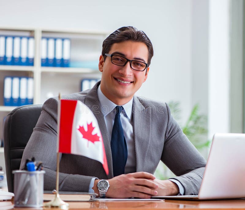 Businessman with Canadian Flag in Office Stock Image - Image of english ...