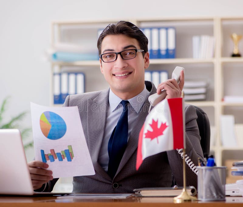 Businessman with Canadian Flag in Office Stock Photo - Image of flag ...