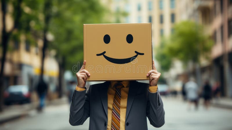 Businessman with a Cardboard Box on His Head with Smiley Face Stock ...
