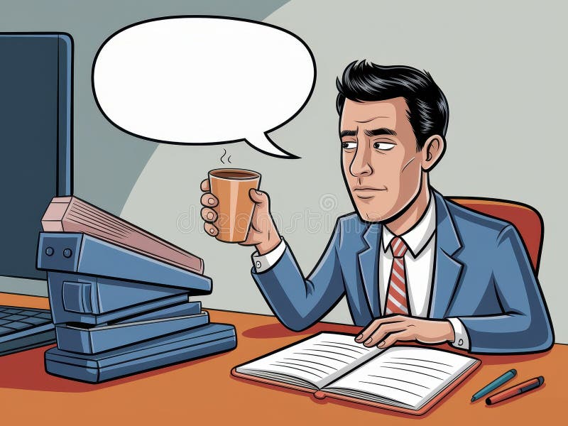Businessman Cartoon Drinking Coffee at Desk with Notebook and Stack of ...