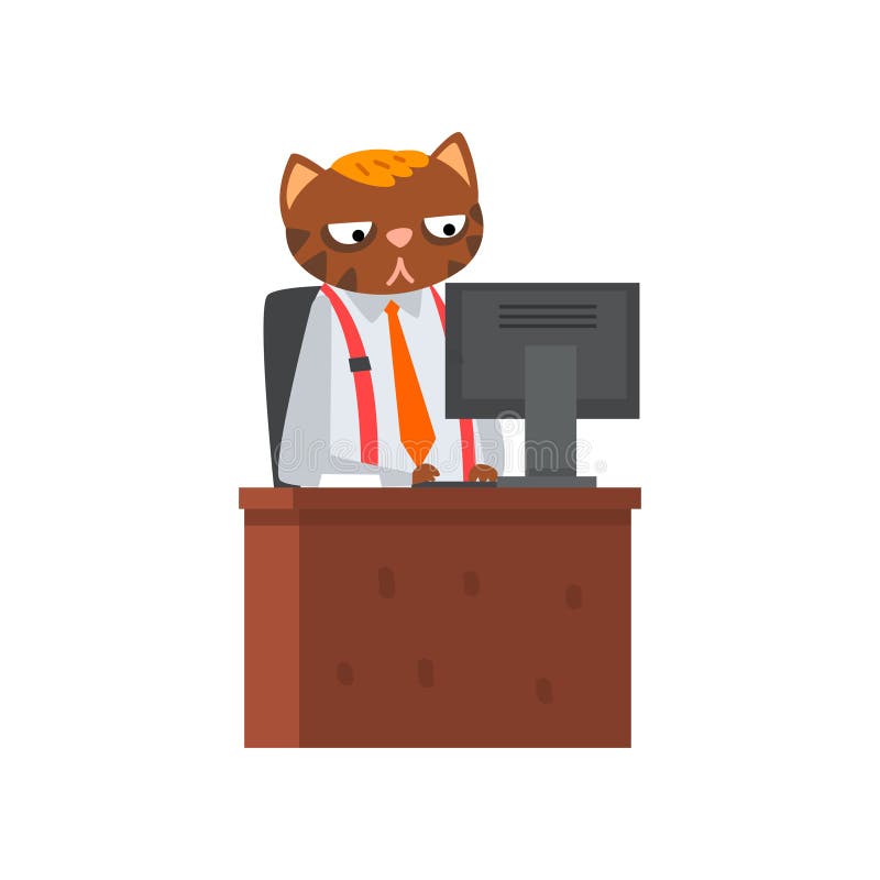 Businessman Cat Sitting at the Desk and Working at the Computer ...