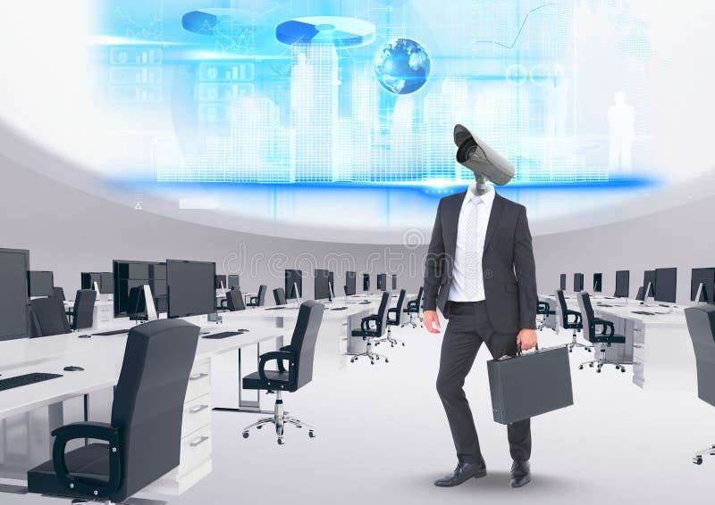 Businessman with CCTV Head in Office Above City Skyline Stock Photo ...