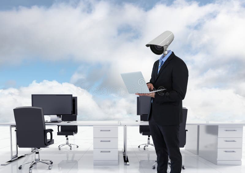 Businessman with CCTV Head at Office in Clouds Stock Image - Image of ...