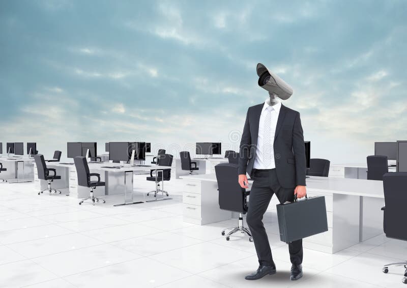 Businessman With CCTV Head In Office Above City Skyline Stock Photo ...