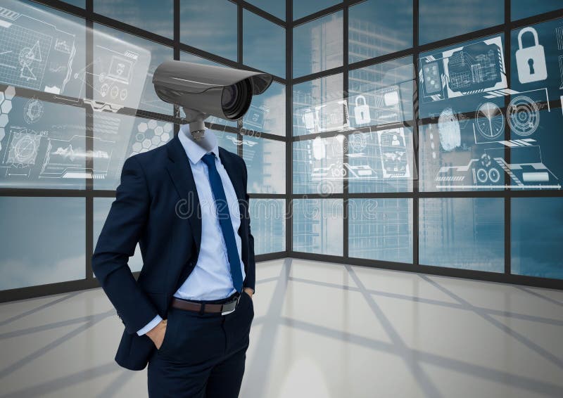 Businessman with CCTV Head at Office with Interface Stock Image - Image ...