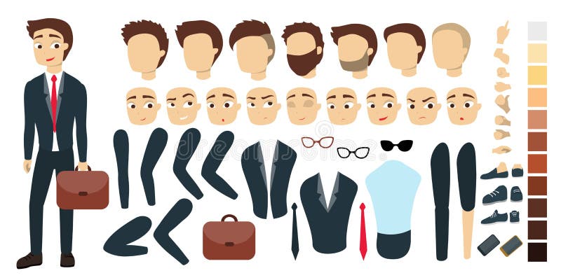 Male Businessman 2D Character Ready To Use Set with Beard, Wearing Suit ...