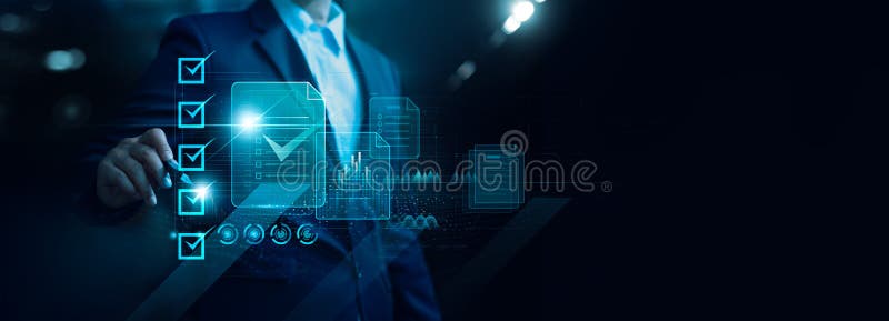 Businessman Check Electronic Documents on Digital Documents and ...