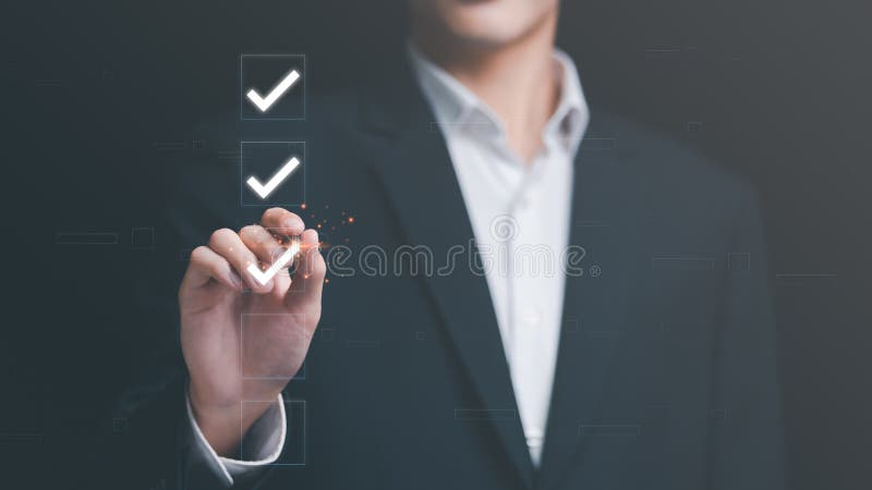 Businessman Check Mark about Exploring Topics,in the Virtual Form Check ...