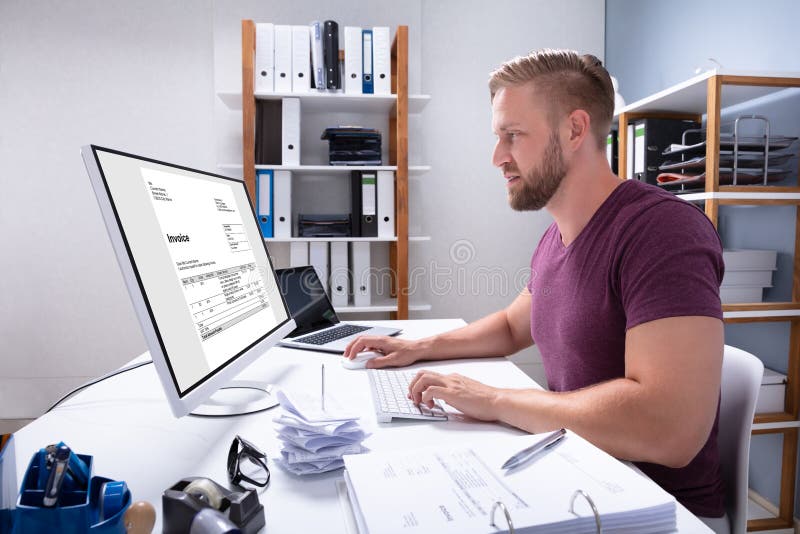 Businessman Checking Invoice on Computer Stock Photo - Image of account ...