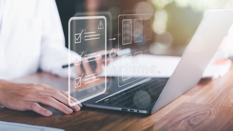 Businessman Checking the Steps through a Virtual Online Document with a ...