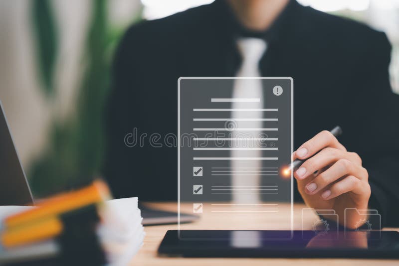 Businessman Checking the Steps through a Virtual Online Document with a ...