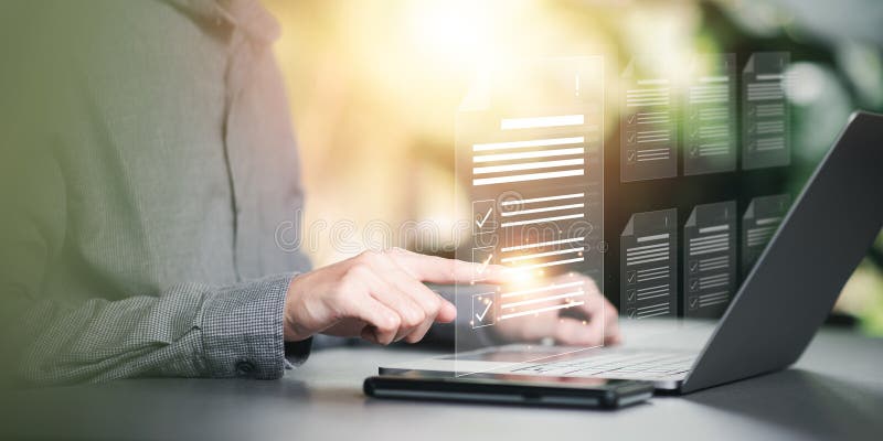 Businessman Checking Steps through Virtual Online Document with List of ... Businessman Checking Steps through Virtual Online Document with List of ...