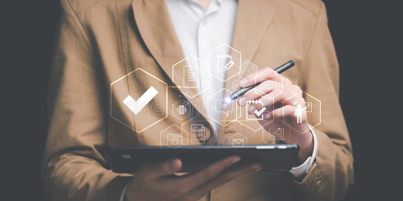 Businessman Checking the Steps through a Virtual Online Document with a ...