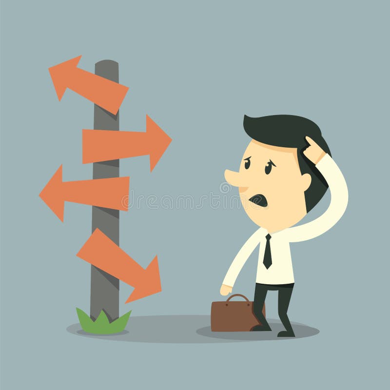 Businessman Looking at a Sign that Points in Many Stock Vector ...