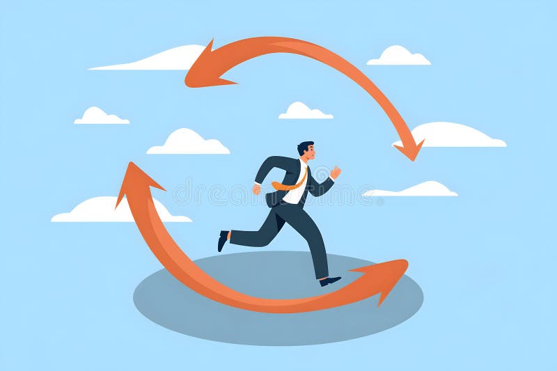 Businessman on Circular Platform Surrounded by Arrows, Symbolizing ...