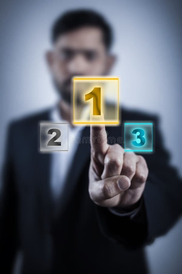 Businessman Click on Number One or 1 Stock Photo - Image of device ...