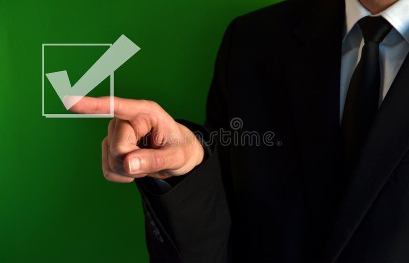 Businessman Click on a Virtual Check Box Stock Photo - Image of green ...