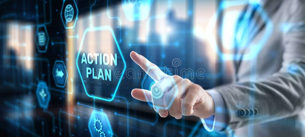 Businessman Clicks Action Plan. Algorithm and Strategy Development ...