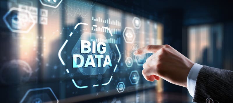 Businessman Clicks Big Data World and Globe Icon Modern Interface Stock ...