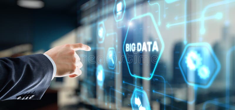 Businessman Clicks Big Data World and Globe Icon Modern Interface Stock ...