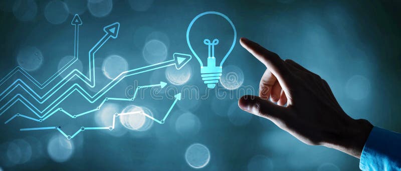 Businessman Clicks on the Graph Arrows Going Up and a Light Bulb Stock ...