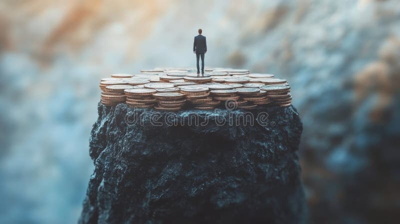 Businessman on Cliff of Coins a Visual Representation of Financial ...