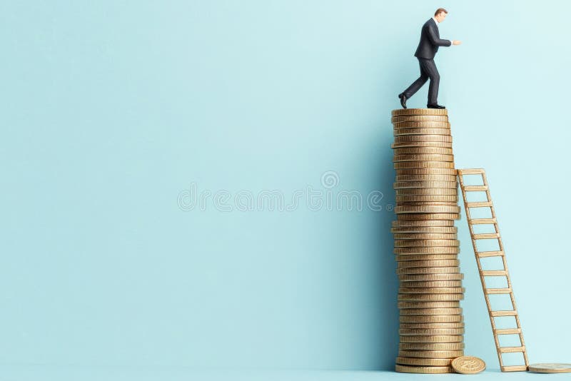 Businessman Climbing Coins Stack with Ladder, Blue Background Stock ...