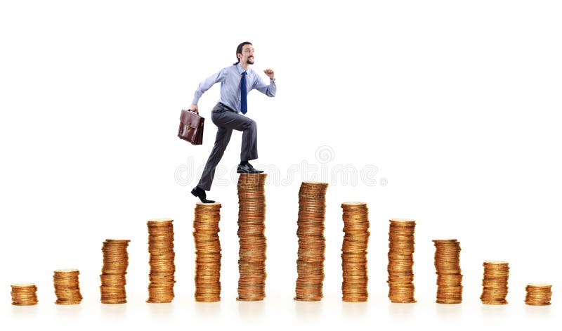 Businessman Climbing Coins Stacks Stock Photo - Image of coin, graphic ...